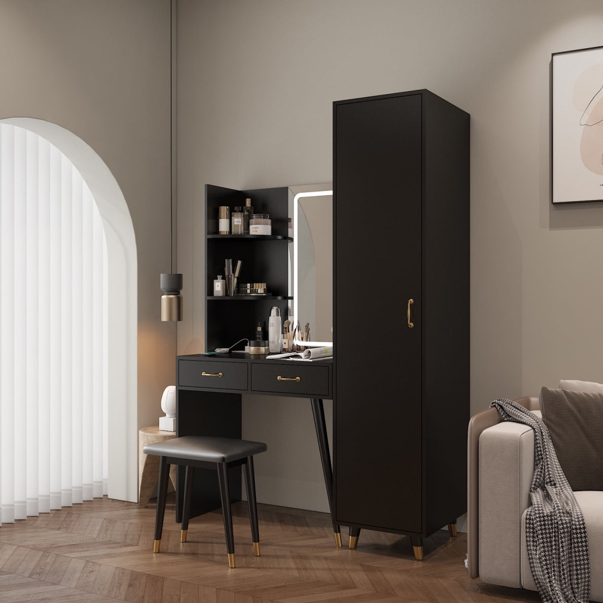 Makeup Vanity Desk & Slim Armoire Wardrobe Set with LED Mirror ...