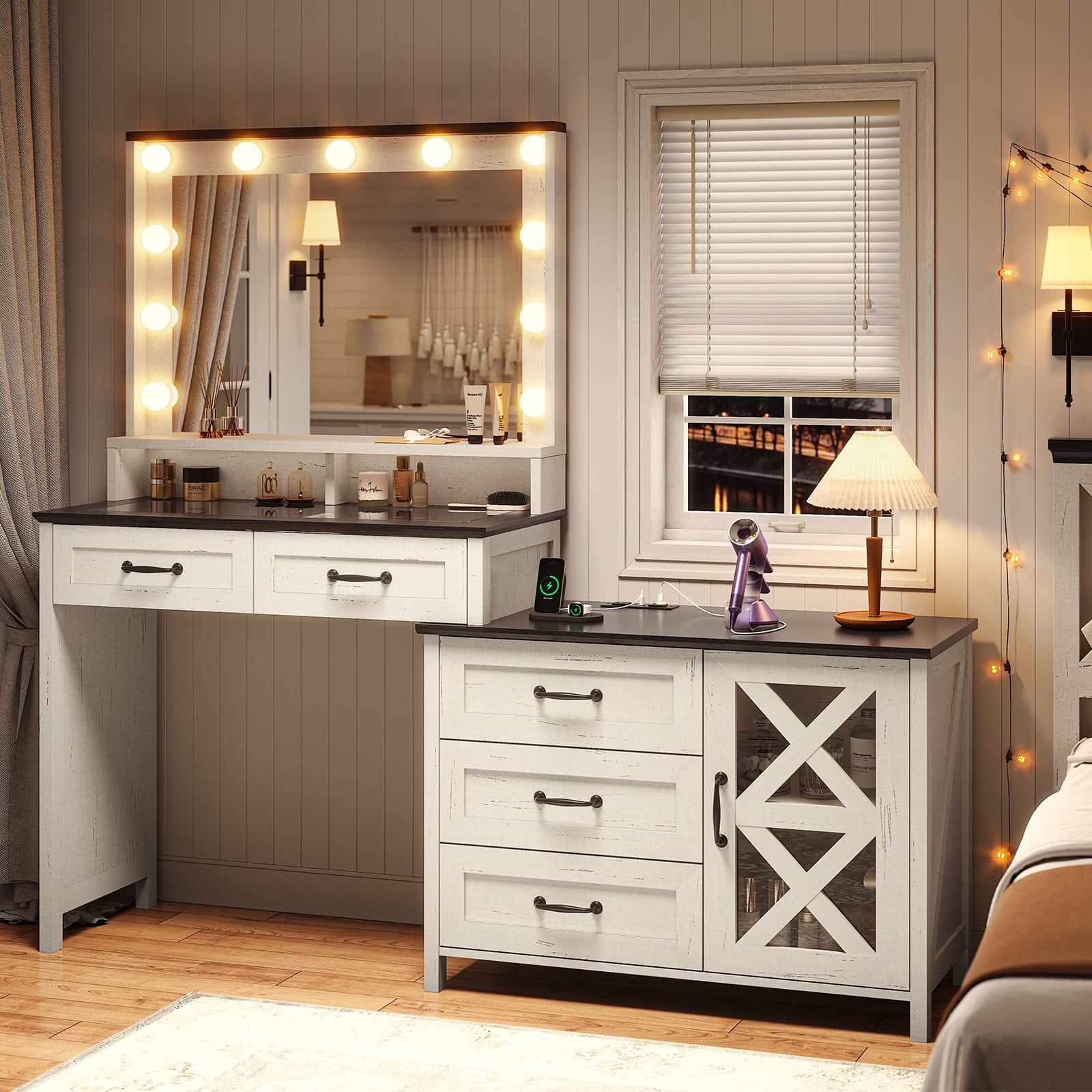 White Farmhouse Vanity Desk with Dresser, Mirror, USB Charging Station ...