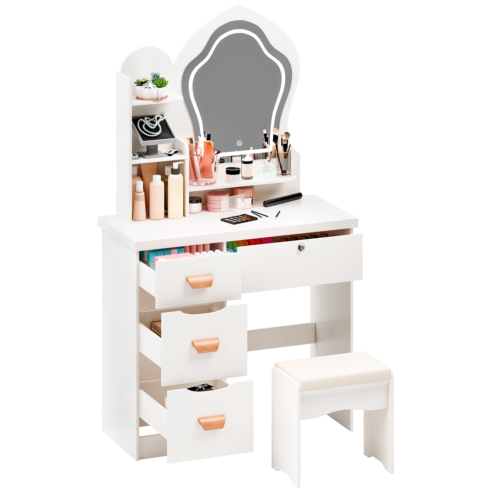 Makeup Vanity Desk with LED Lighted Crown-shaped Mirror, Vanity Table ...