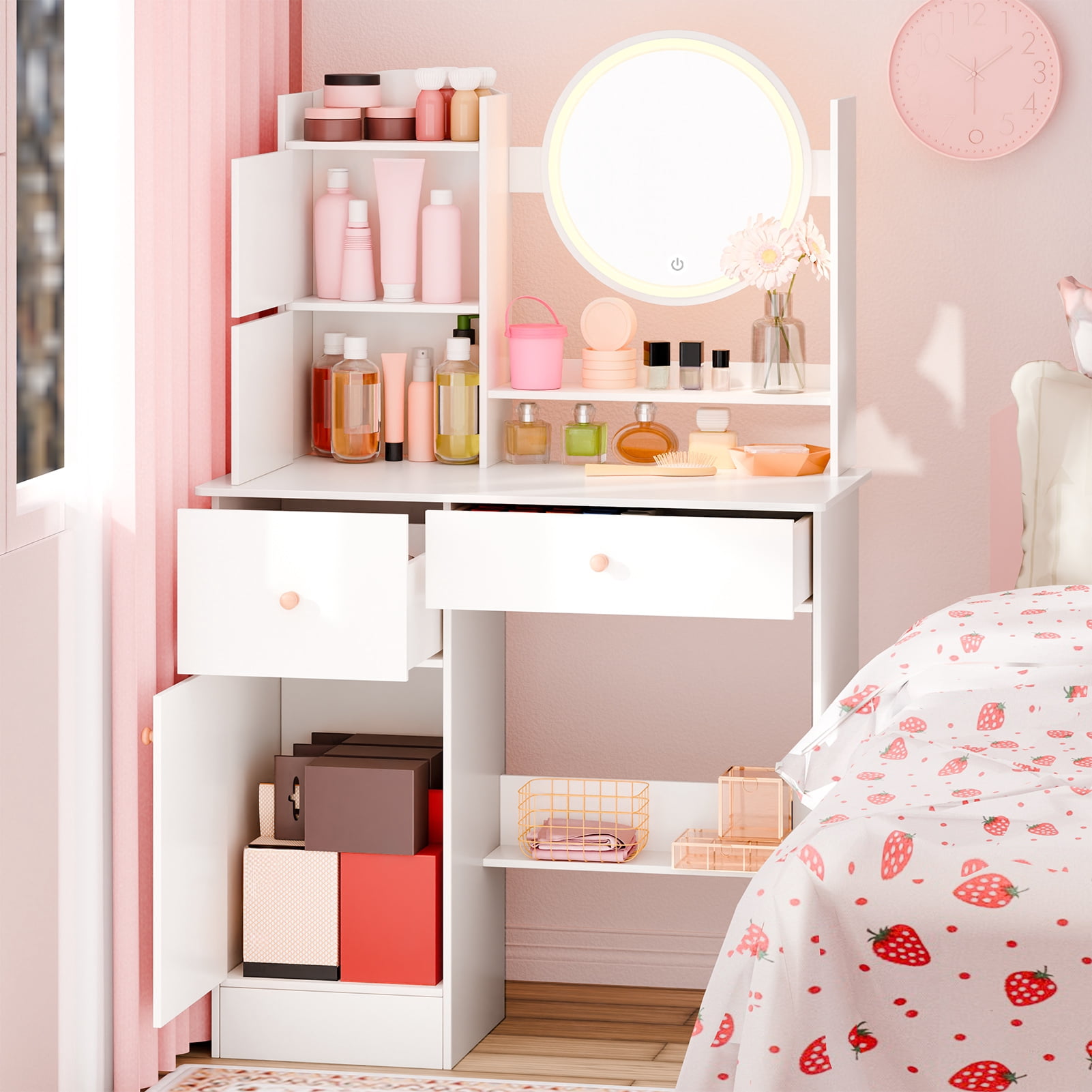 Makeup Vanity Desk with LED Lighted Mirror, Vanity Table with 4 Drawers ...