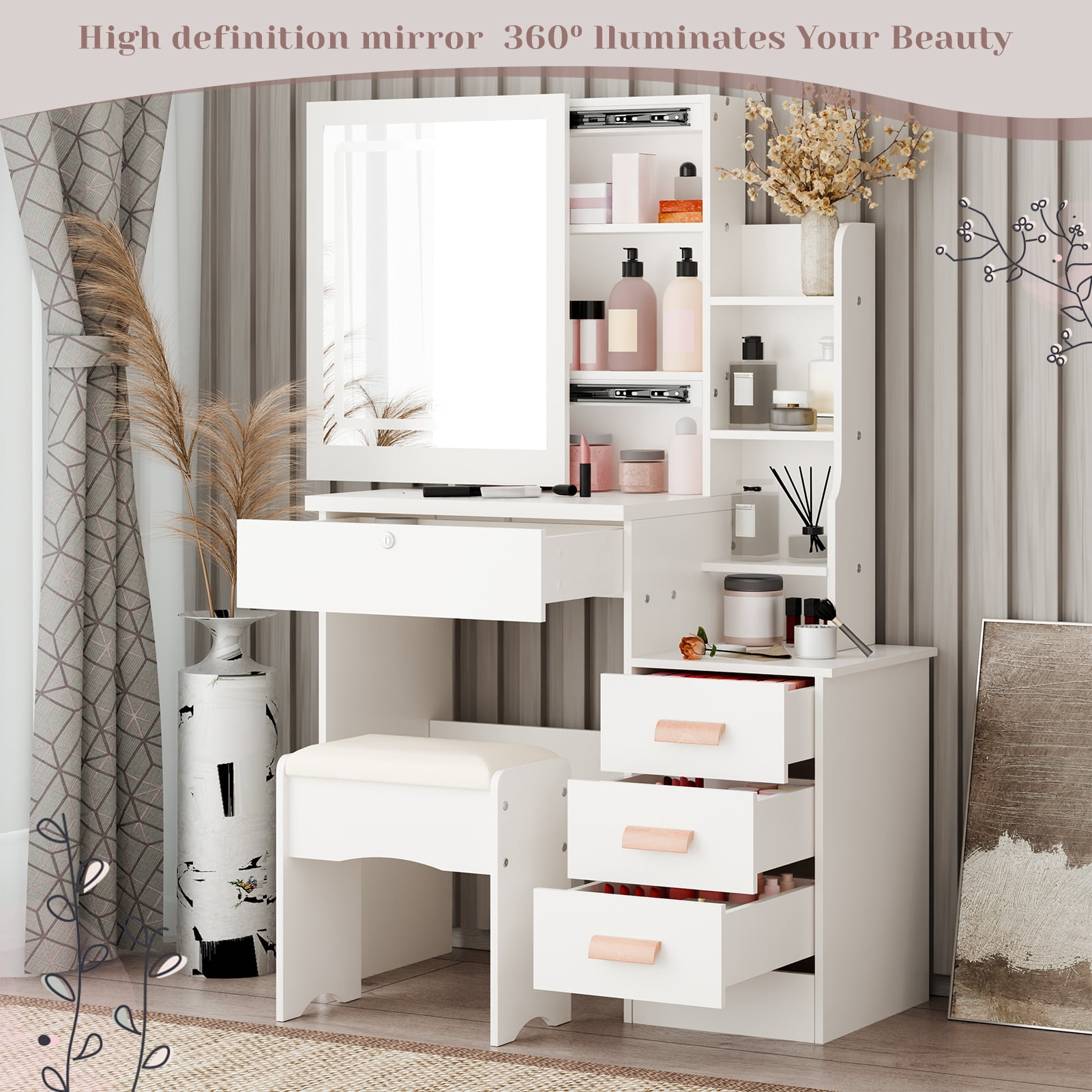 Makeup Vanity Desk with LED Lighted Mirror, Vanity Table with 4 Drawers ...