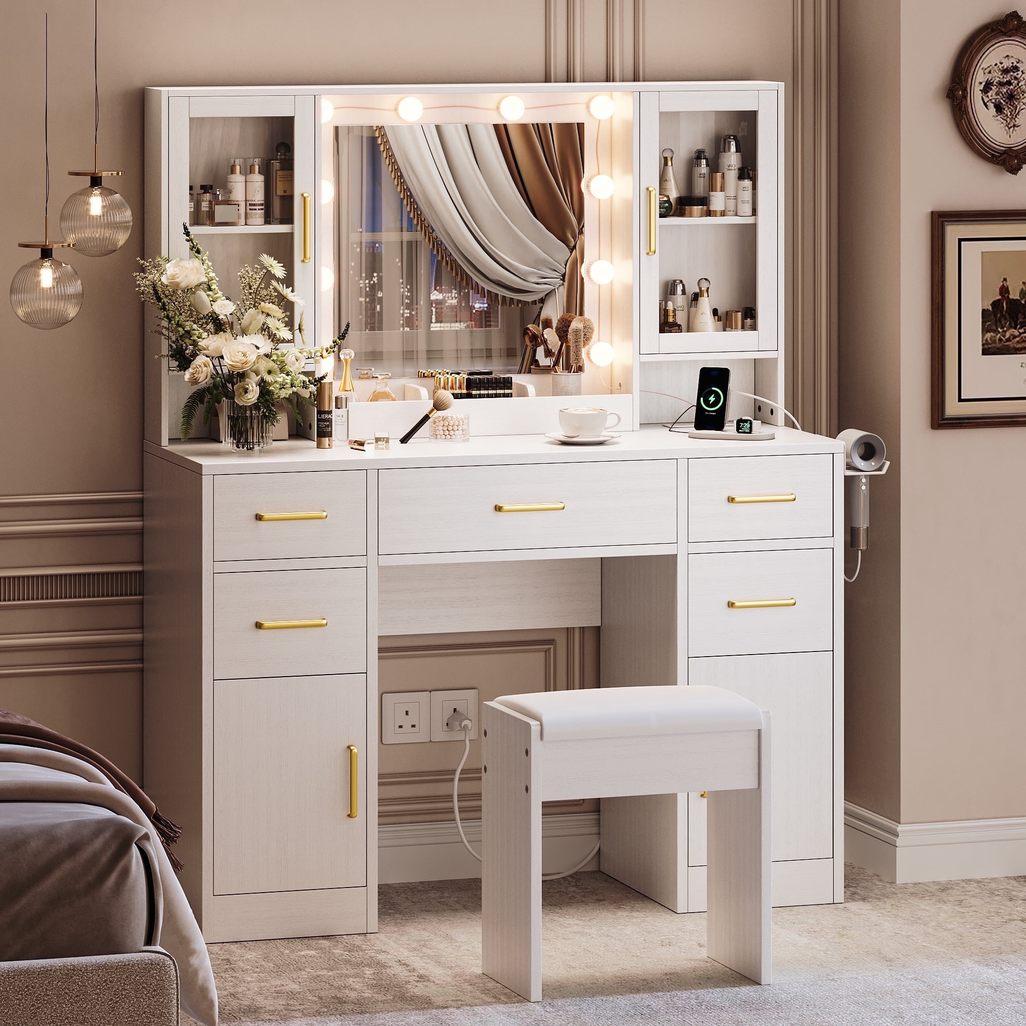 UGTOO Makeup Vanity Desk with Mirror and 10 Lights,White Vanity Table ...