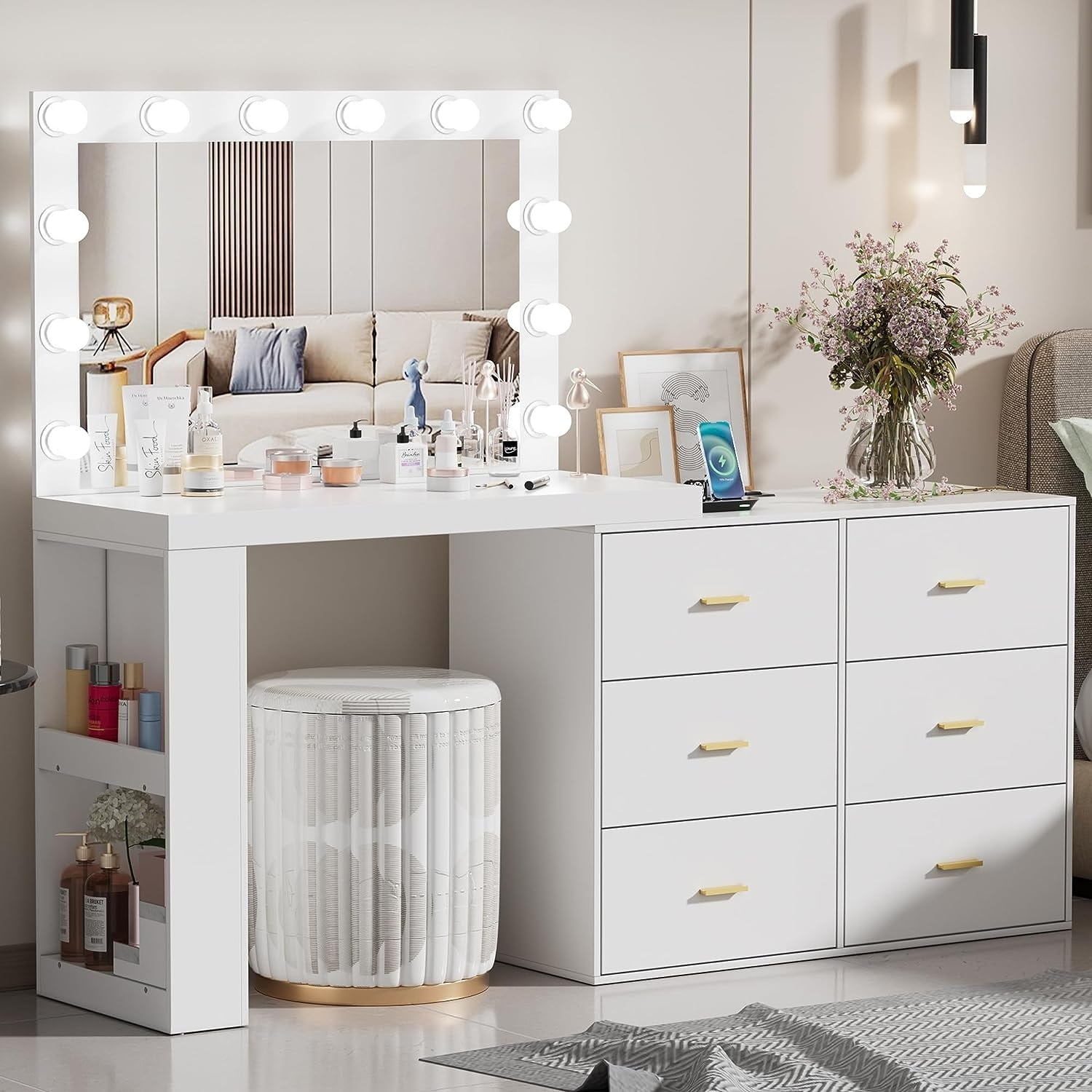 Makeup Vanity Desk with Mirror and 3-Color Lights,Charging Station ...