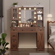 T4TREAM Farmhouse Vanity Desk with LED Lighted Mirror, Rustic Makeup ...