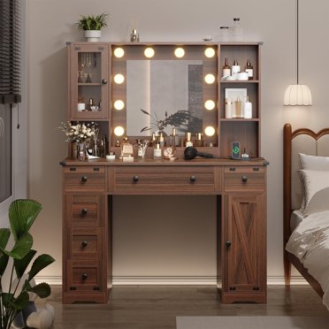 T4TREAM Farmhouse Vanity Desk with LED Lighted Mirror, Rustic Makeup ...