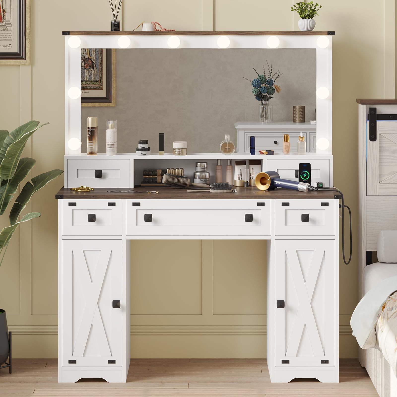 Makeup Vanity Desk with Mirror and Lights, Farmhouse Vanity Table with ...