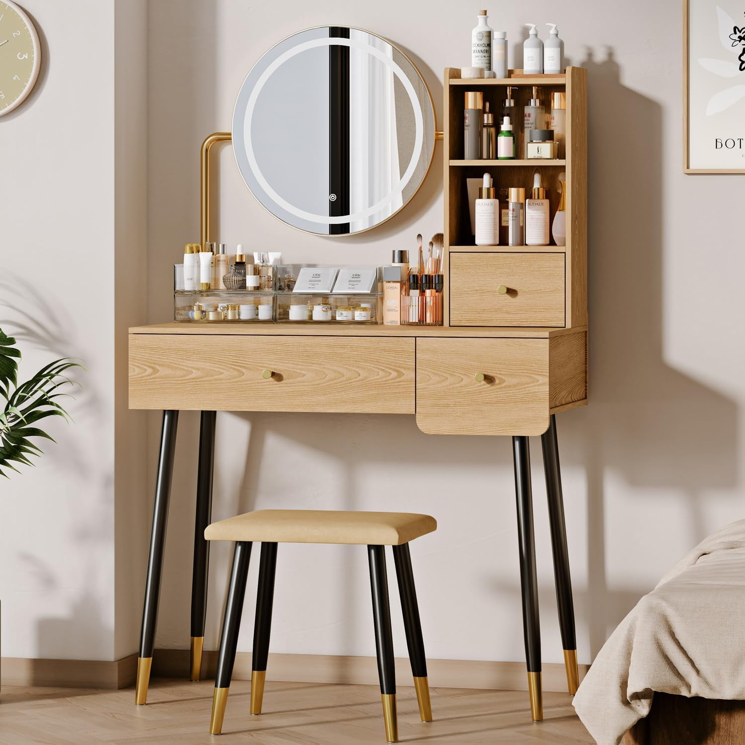 Makeup Vanity Desk with Round Mirror and Lights, ModernVanity Table ...