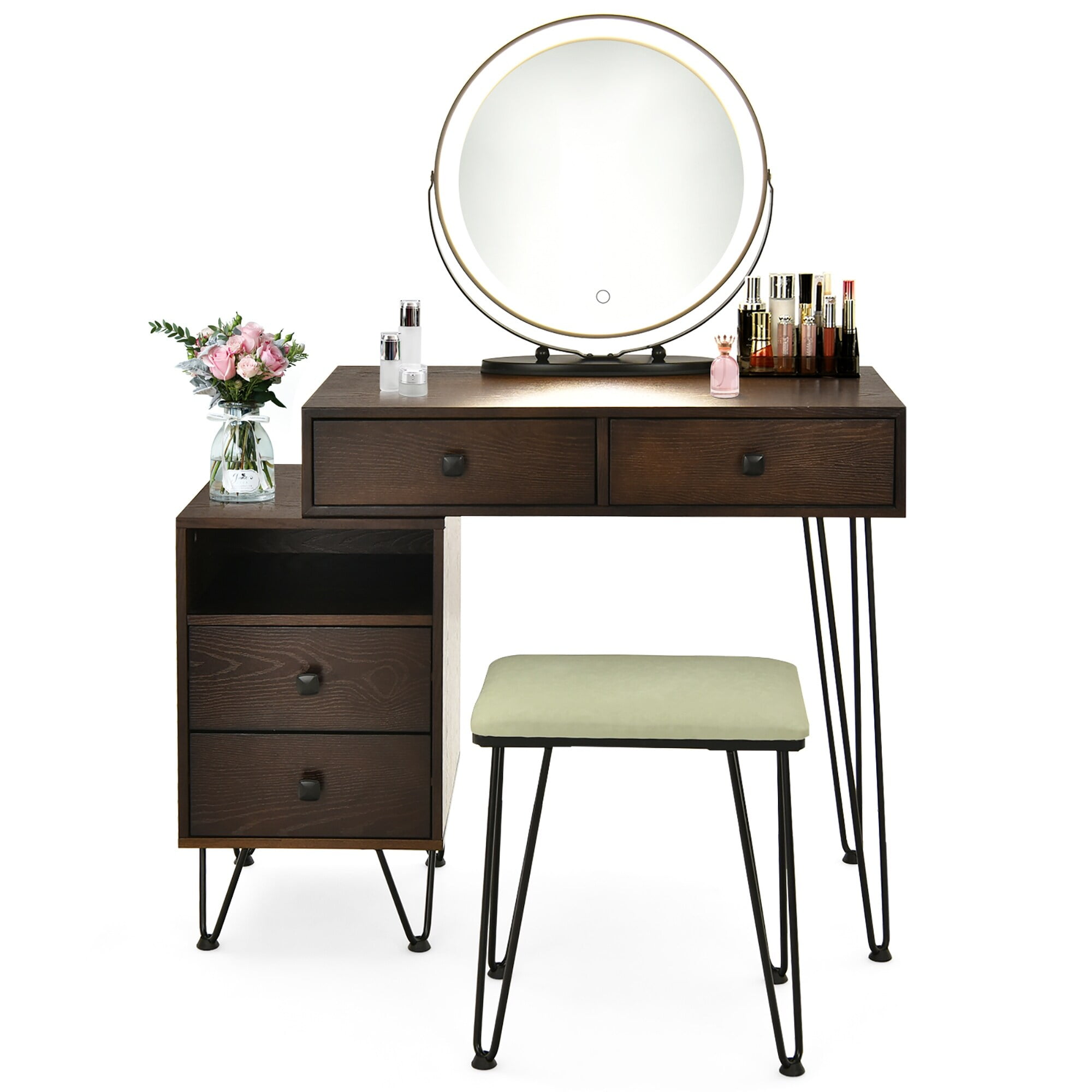 Makeup Vanity Dressing Table Set with Lighted Mirror Storage Cabinet ...