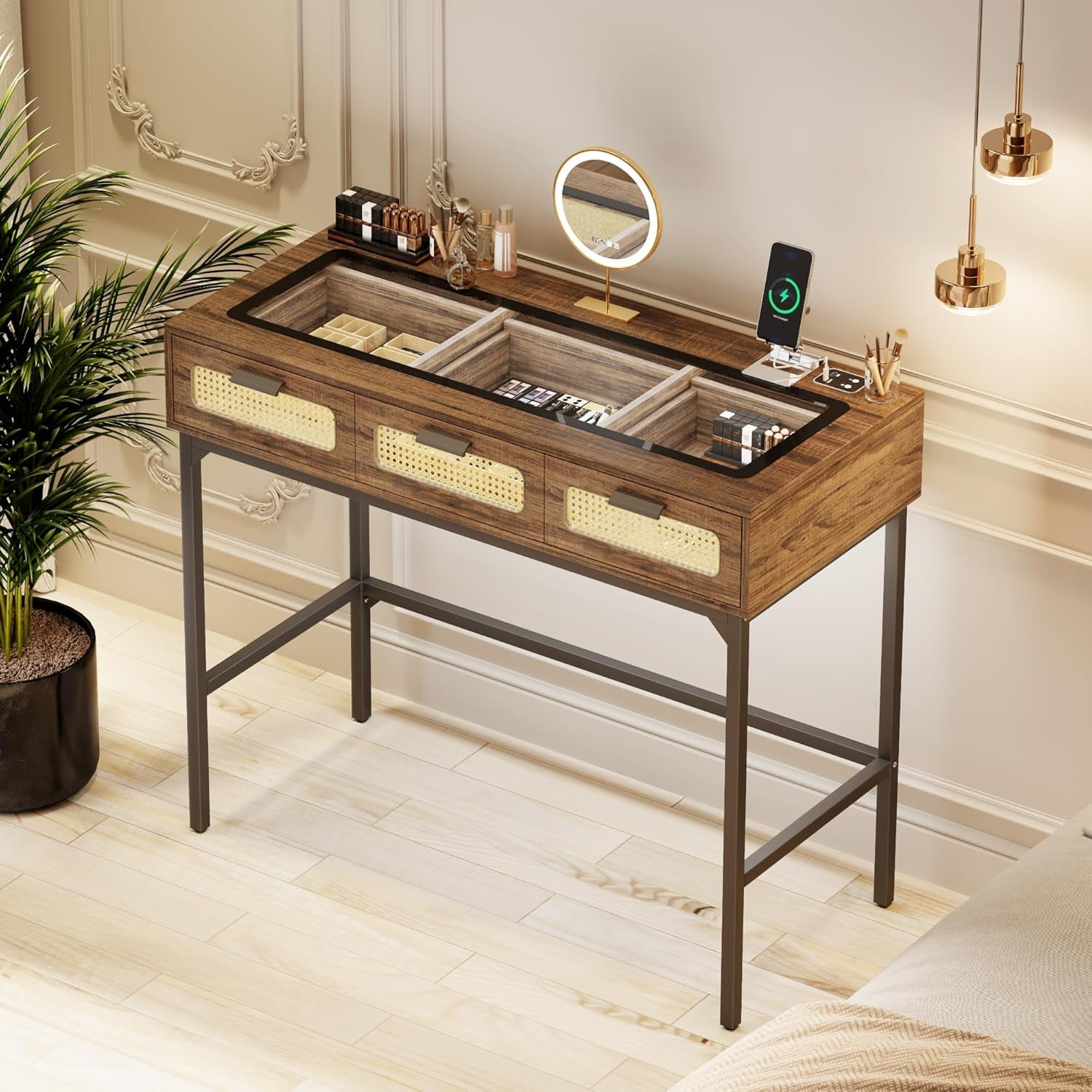 Makeup Vanity with LED Lights - Vanity Desk with Glass Top Design ...