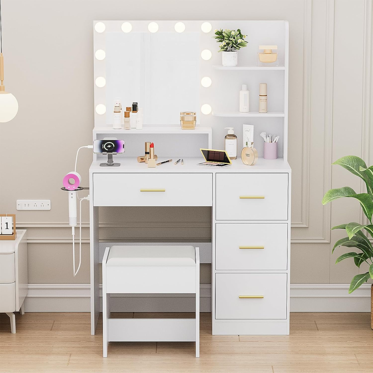 Makeup Vanity with Lights & Mirror, Vanity Desk with Power Outlet ...