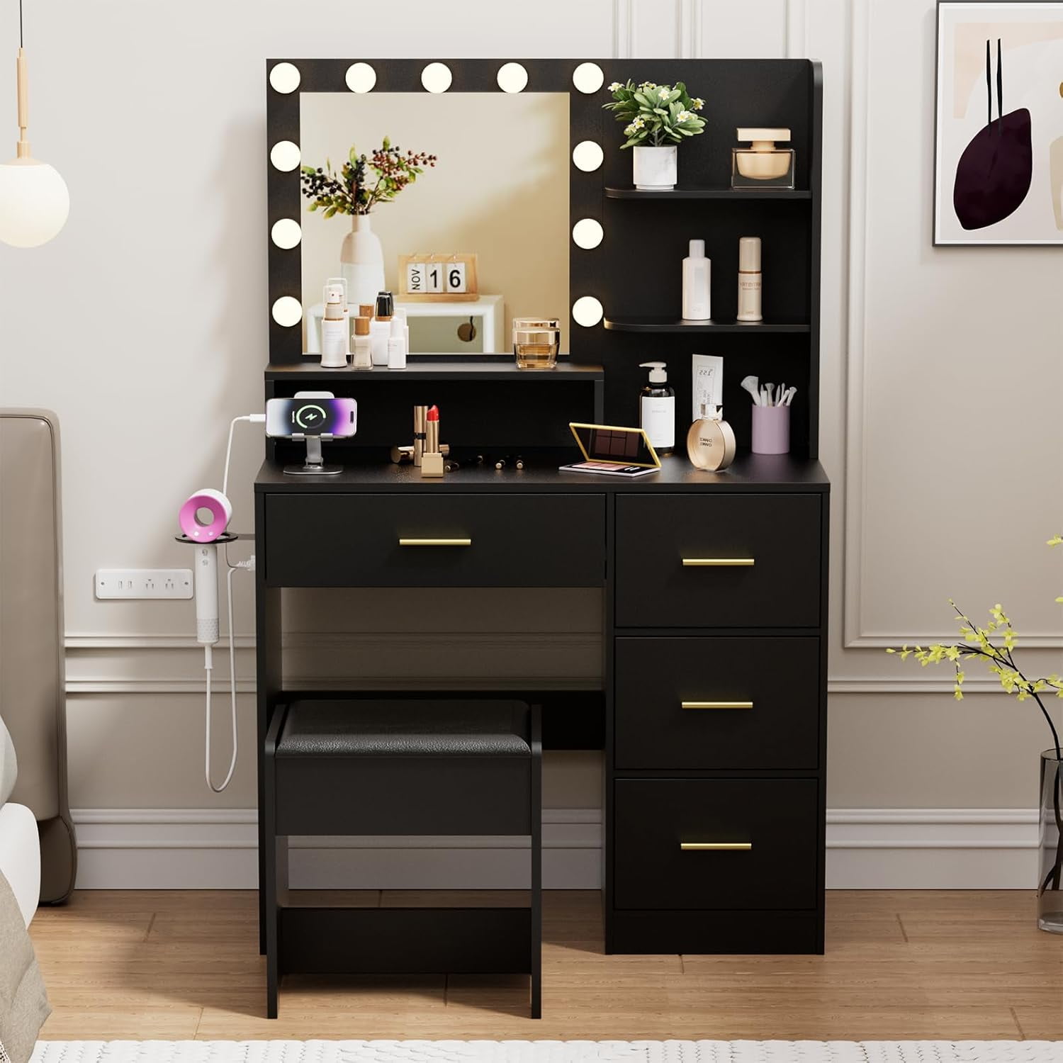 Makeup Vanity with Lights & Mirror, Vanity Desk with Power Outlet, White Vanity Set with 2 ...