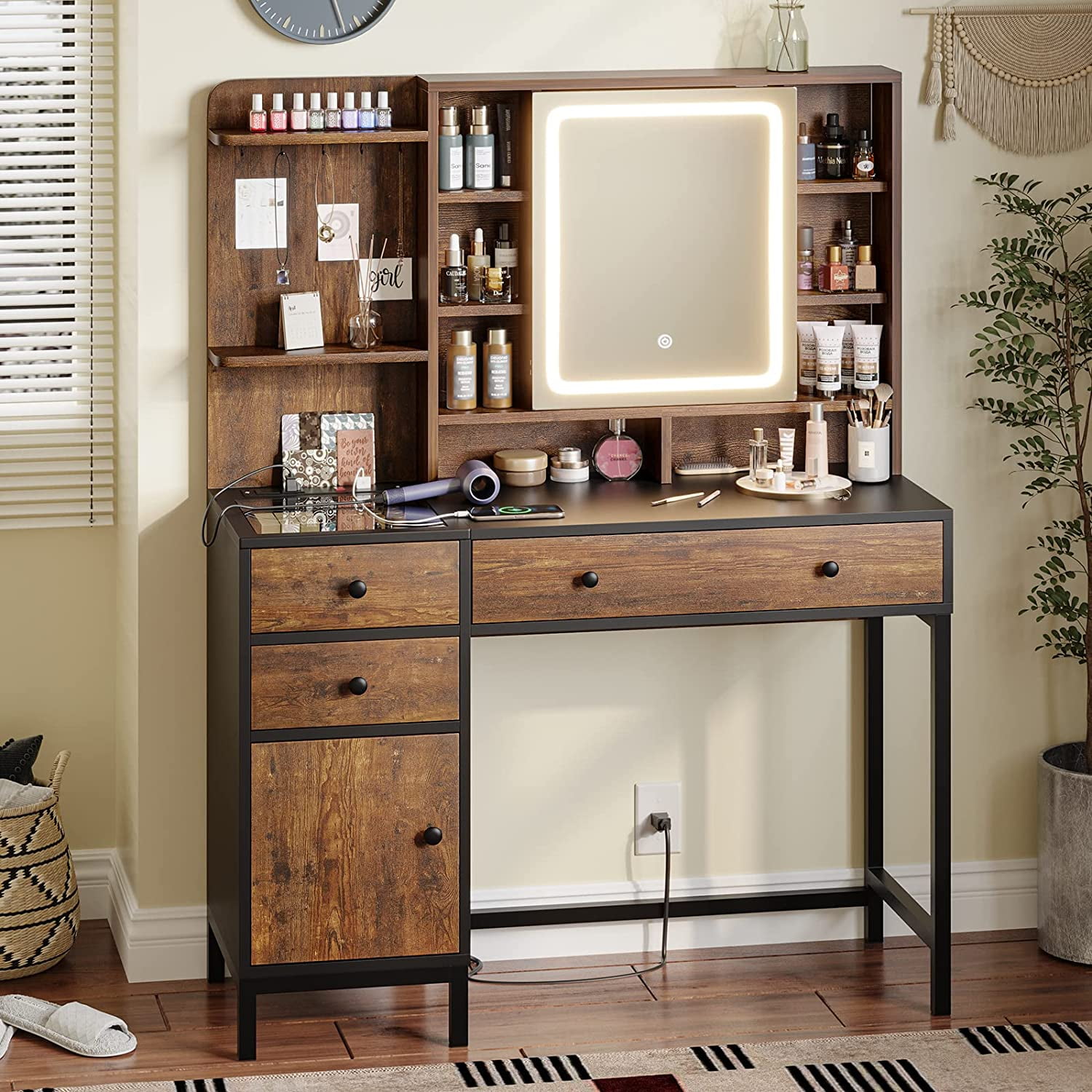 Rustic Brown Makeup Vanity Desk Set with Mirror, Charging Station ...