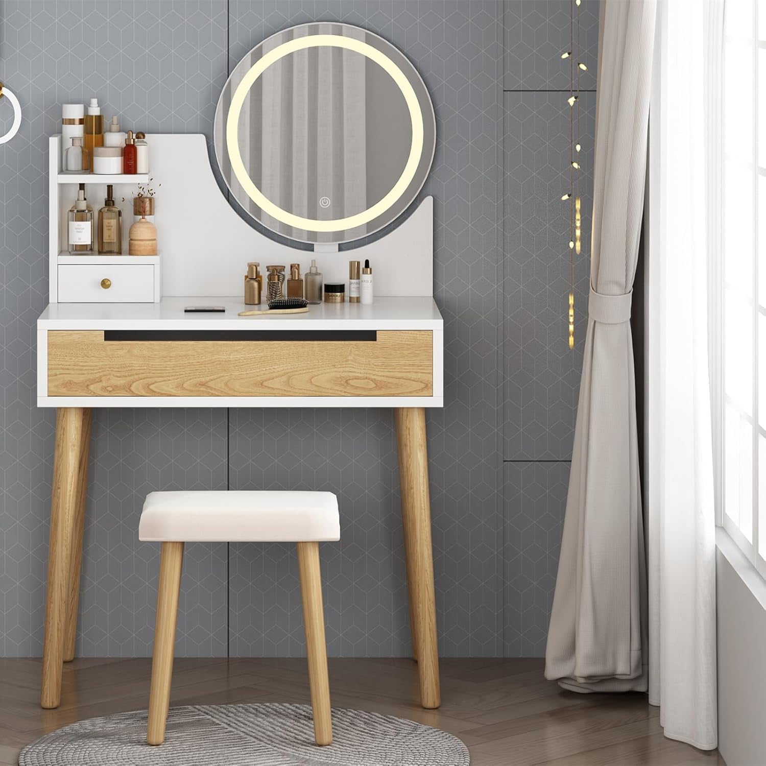 Makeup Vanity Set with 3-Color Dimmable Lighted Mirror, Makeup Dressing ...