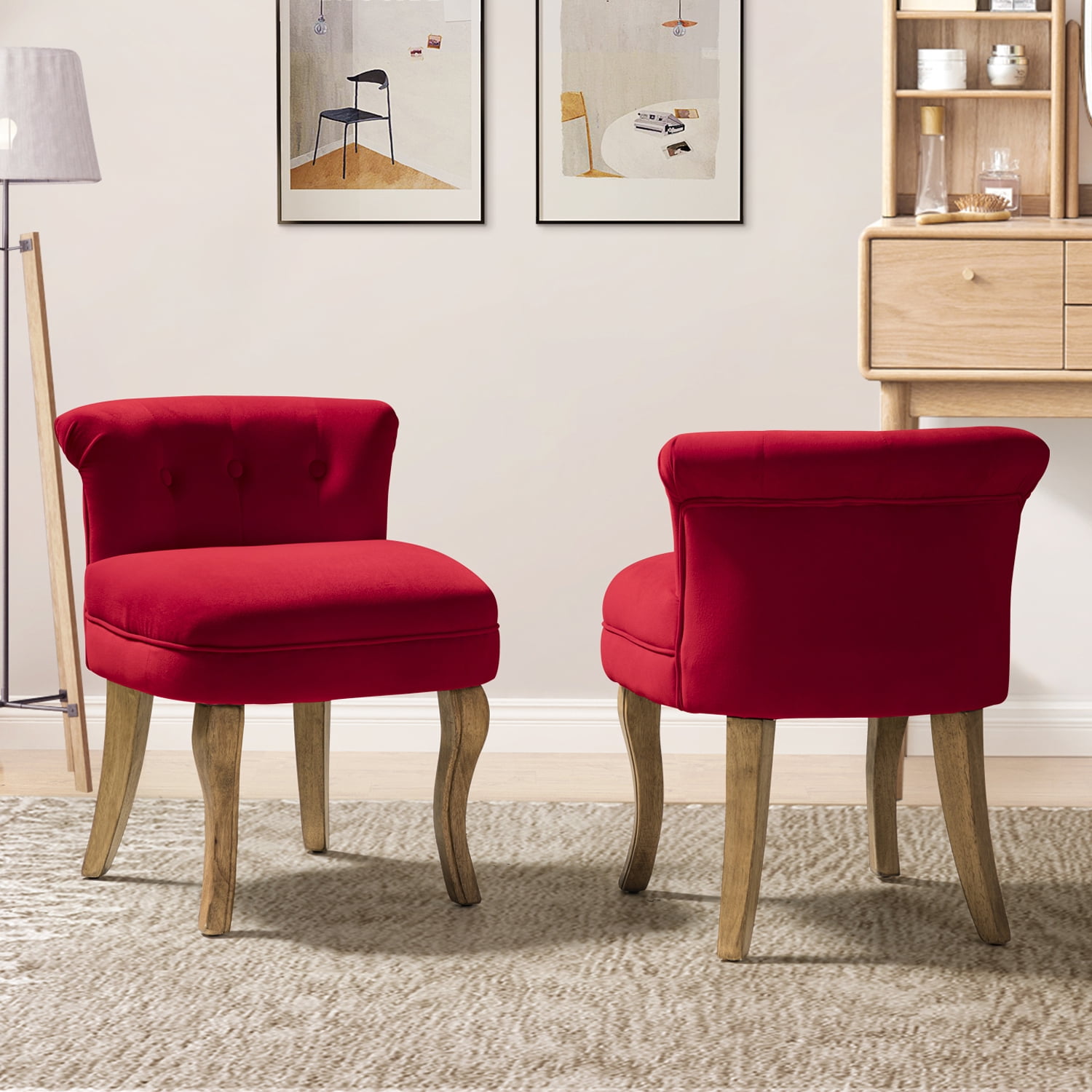Makeup Vanity Stool Dressing Table Accent Chair Set of 2 Velvet Tufted Upholstered Cushioned Wood Leg Home Bedroom Living Room Red Walmart