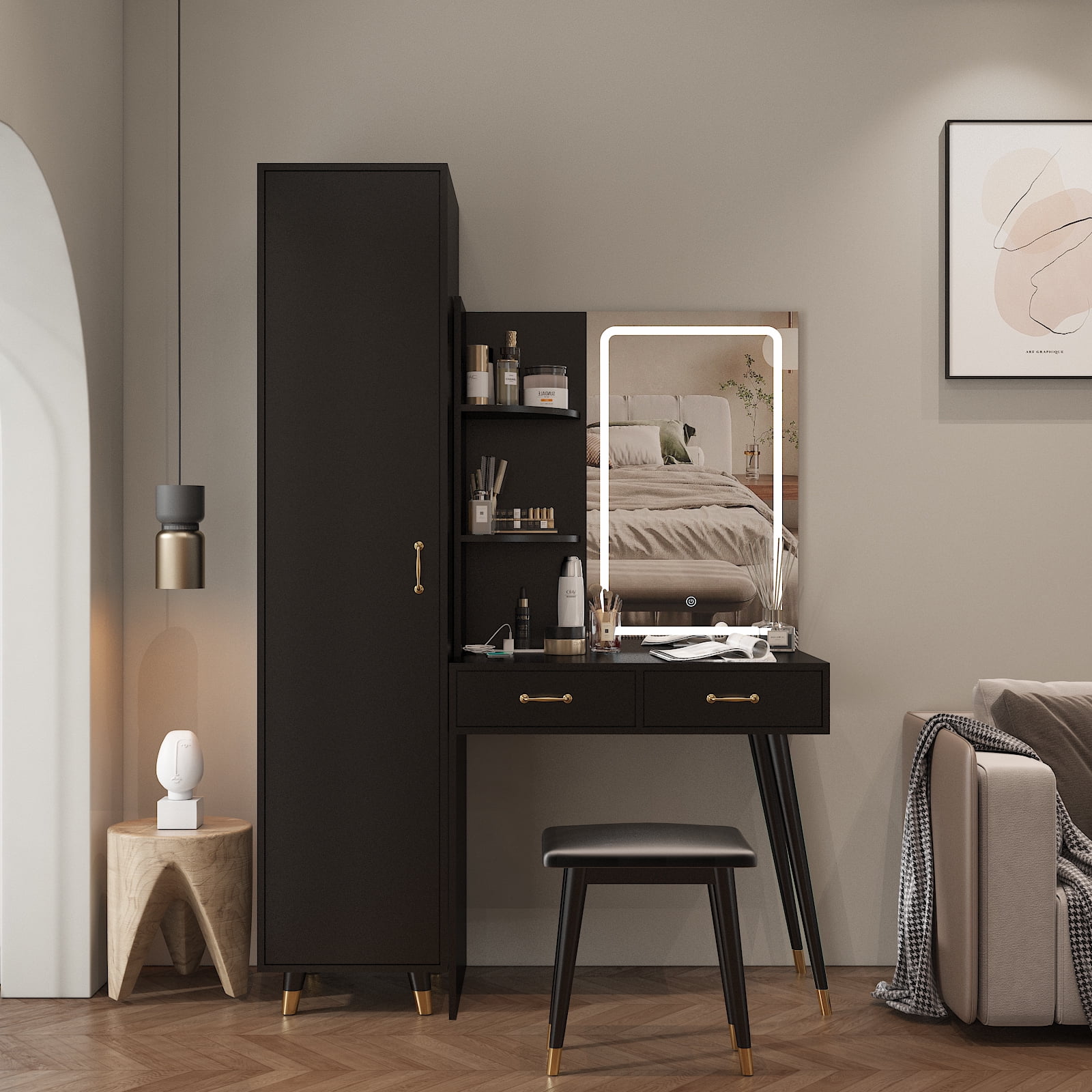 Makeup Vanity Table with LED Mirror and Power Outlets, 2 Drawers, and Slim Armoire Wardrobe Set ...