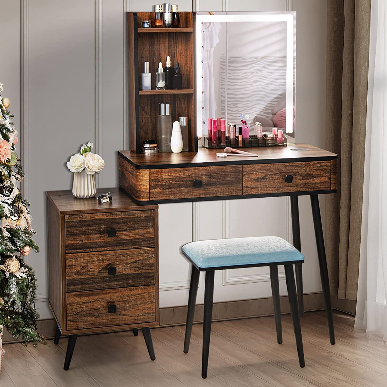 Makeup Vanity Table with Large Lighted Mirror, 3 Lighting Modes, Human ...