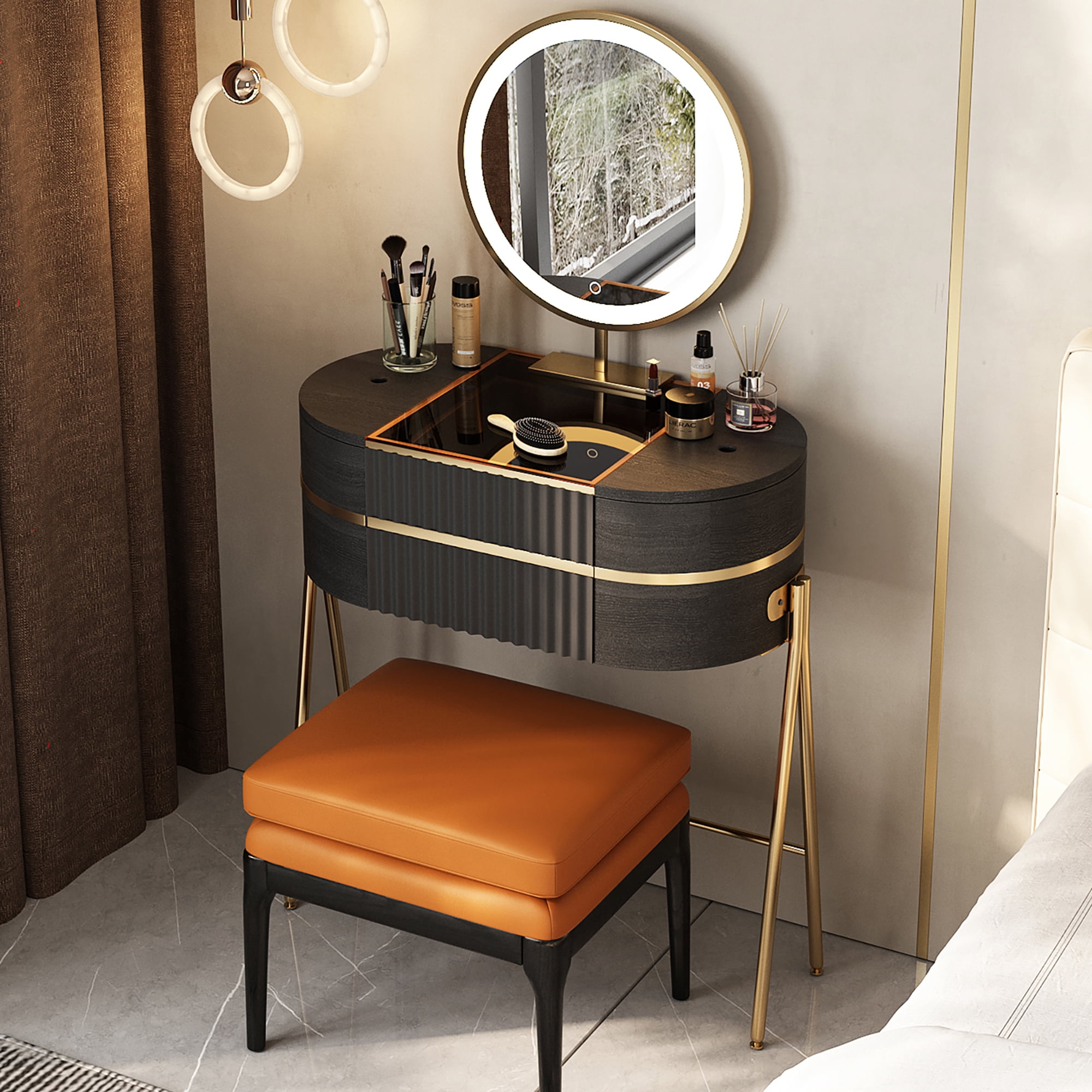Makeup Vanity Table with Light, Black Dressing Table with Makeup Stool ...