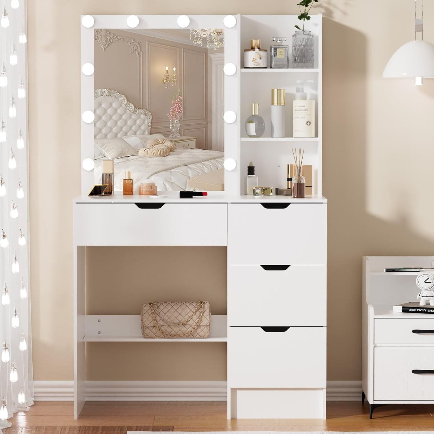 Makeup Vanity Table with Lights, White Dressing Desk with 4 Drawers and ...