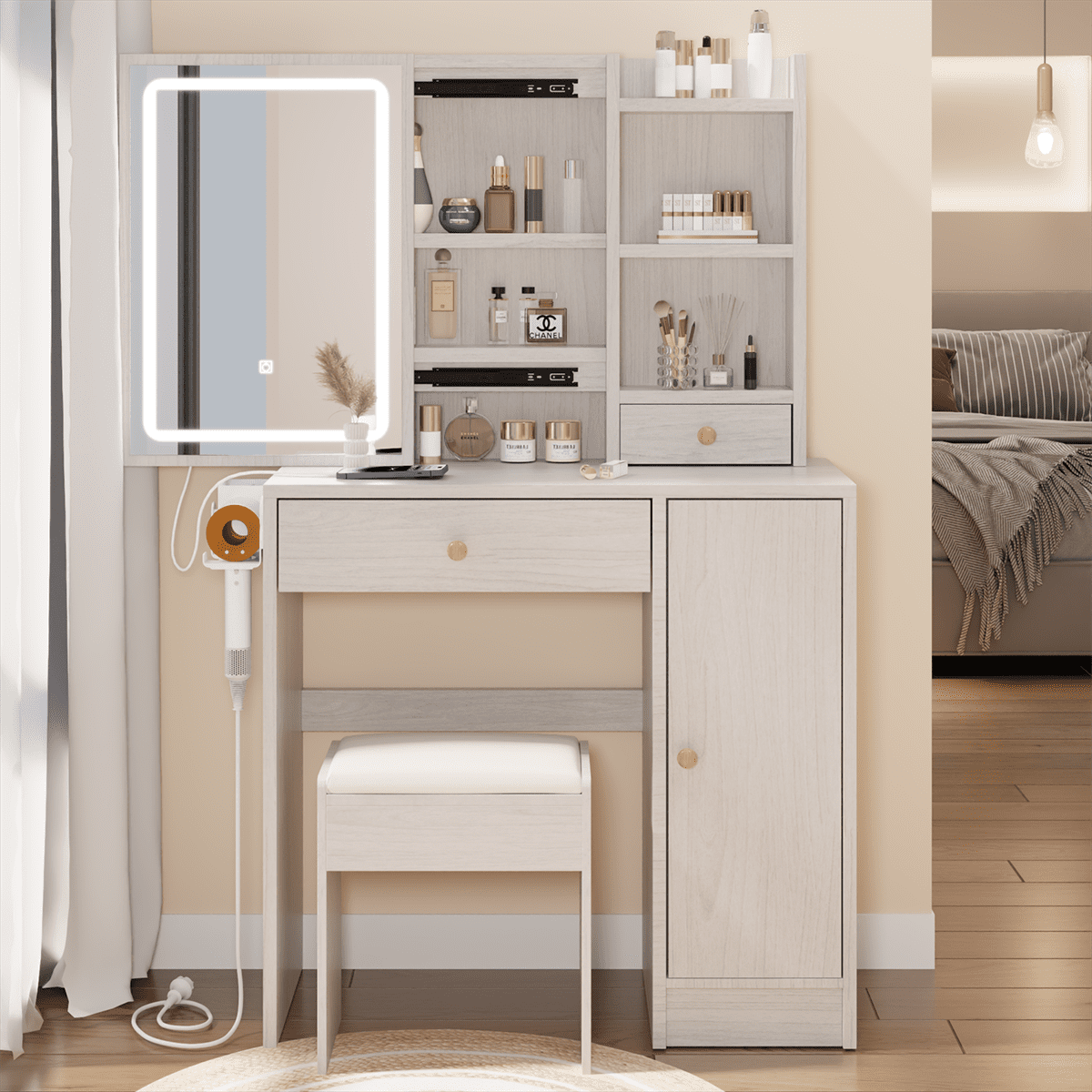 Makeup Vanity Table with Mirror, Extra Large Sliding LED Mirror with 3 ...