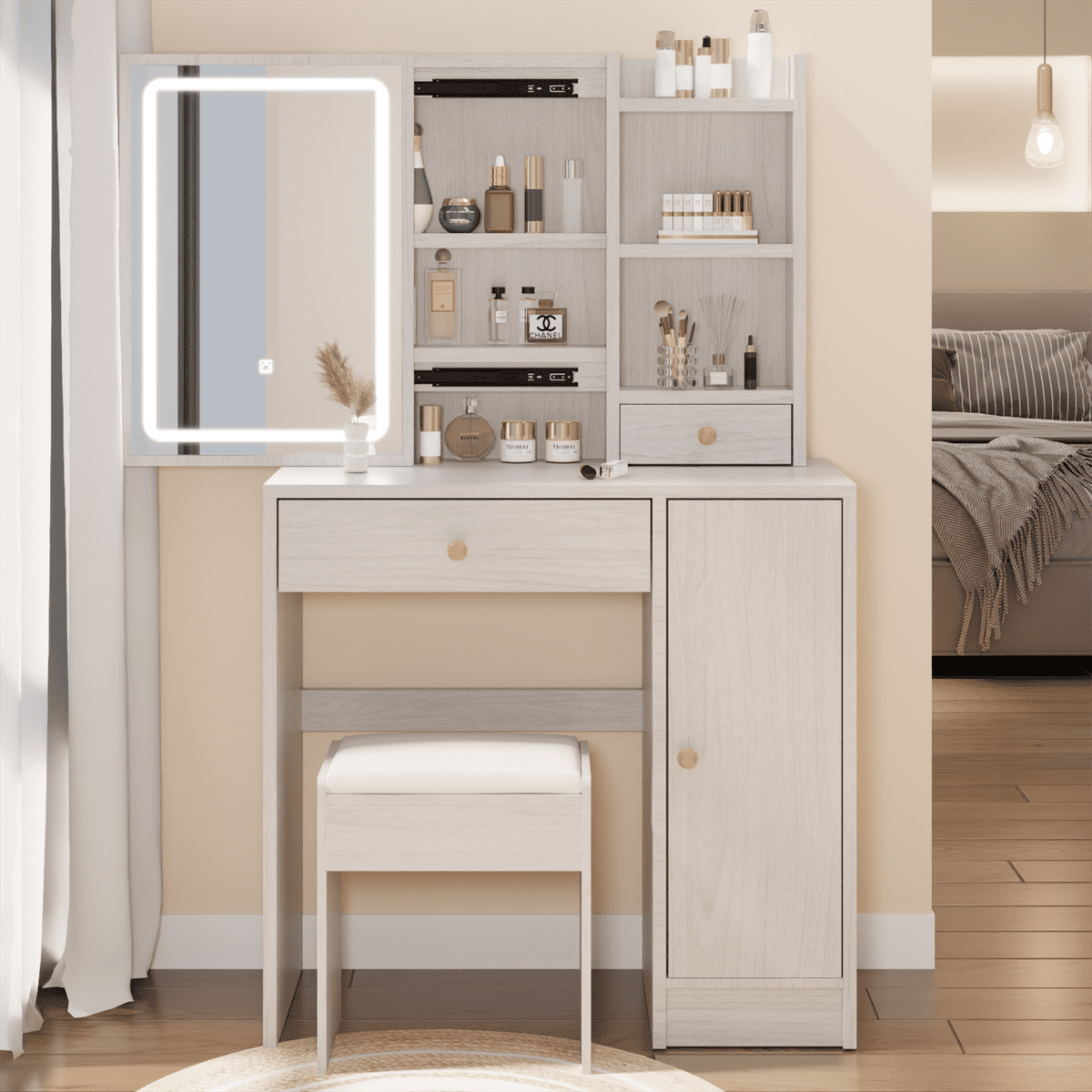 Makeup Vanity Table with Mirror, Extra Large Sliding LED Mirror with 3 ...