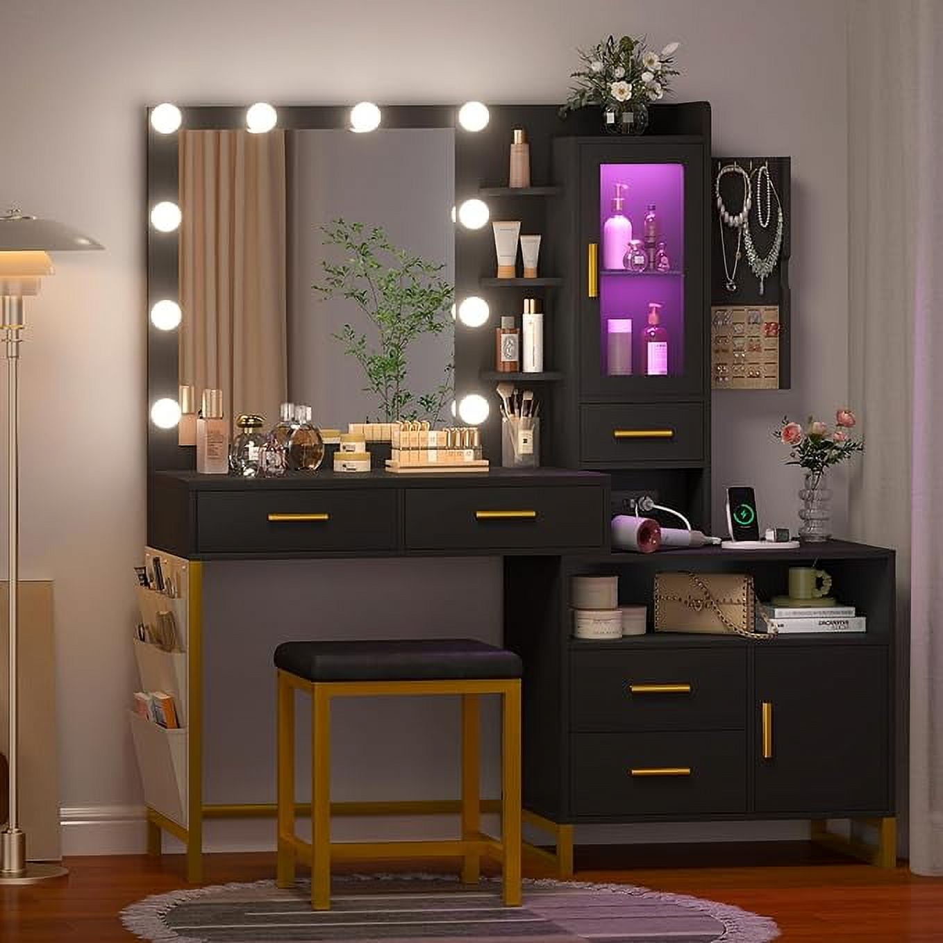 Dnxao Modern Black Vanity Table Set, LED Mirror with Adjustable Lights ...