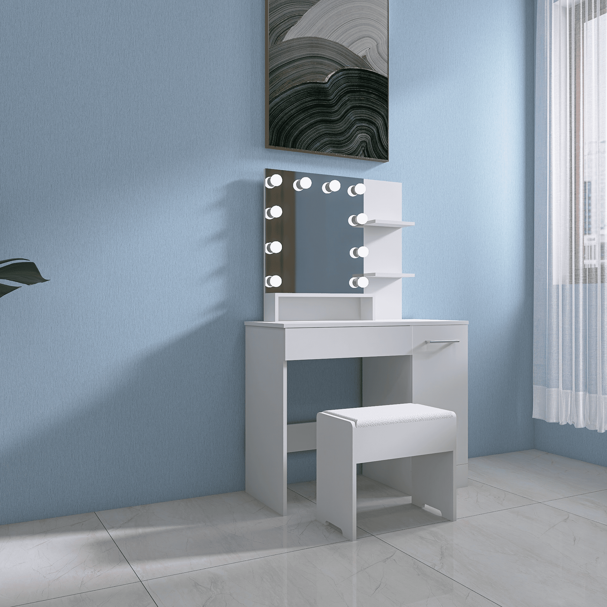 Makeup Vanity Table Set With 2 Open Shelves, Hidden Shelf, Drawer, 10 ...