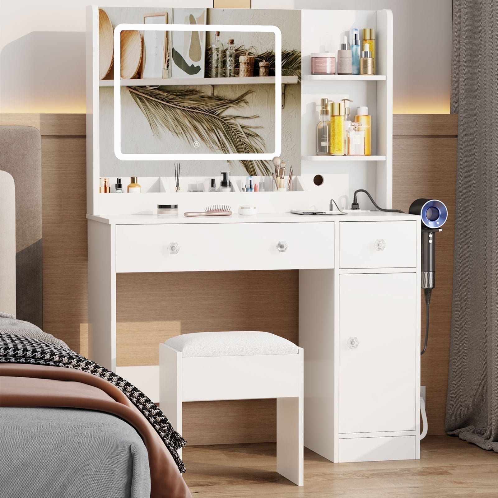 Hexmn square mirror Vanity Set with charging station, LED dressing ...