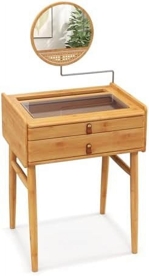 Makeup Vanity Table, Space-Saving Bamboo Vanity Desk with Rotating ...