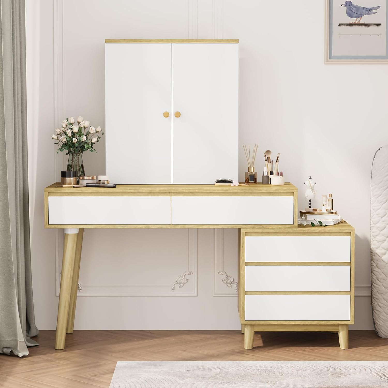 Makeup Vanity Table with 6 Drawers, Dressing Table with Large Mirror, 3 ...
