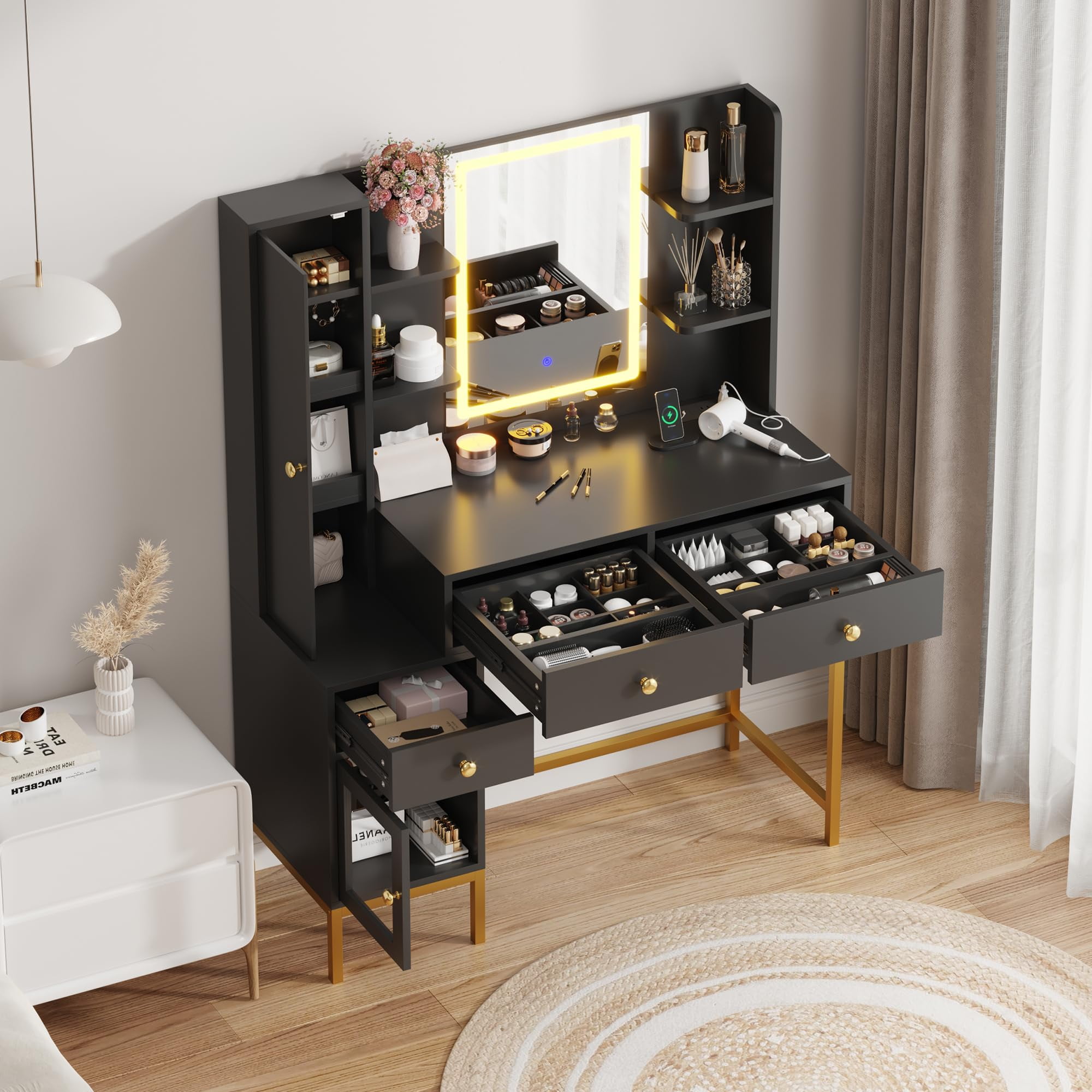 Makeup Vanity and Stool – White Vanity Desk with 3-Color LED Lights ...
