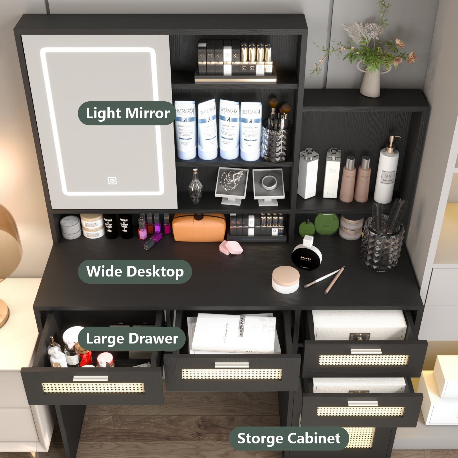 Makeup Vanity with 3-Color Lights & Openable Mirror 4-Drawer Vanity ...