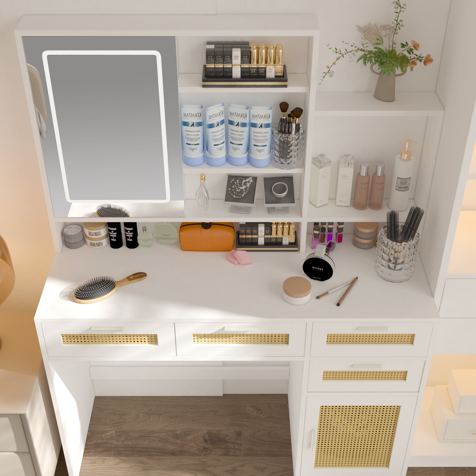 Makeup Vanity with 3-Color Lights & Openable Mirror 4-Drawer Vanity ...