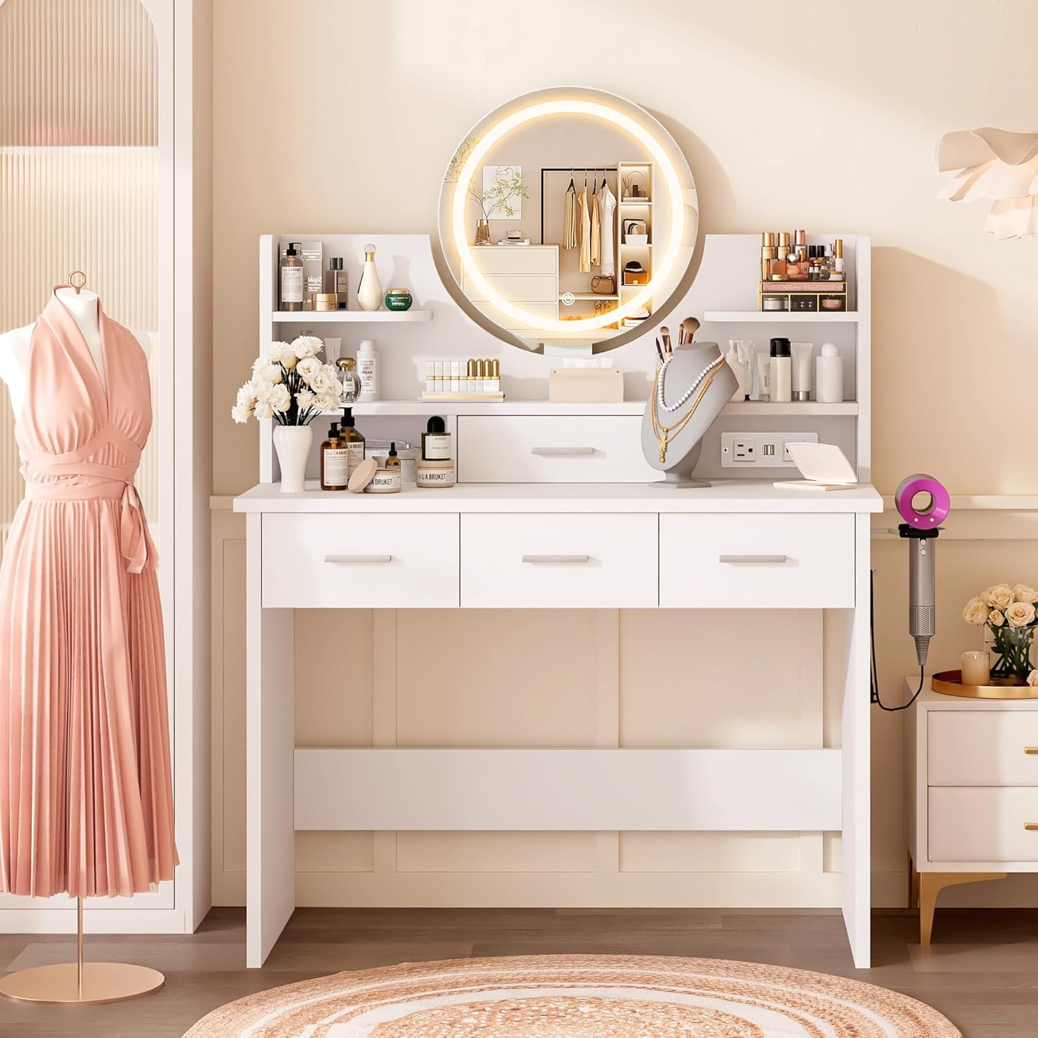 Makeup Vanity with LED Lighted Round Mirror & Power Outlet- White ...