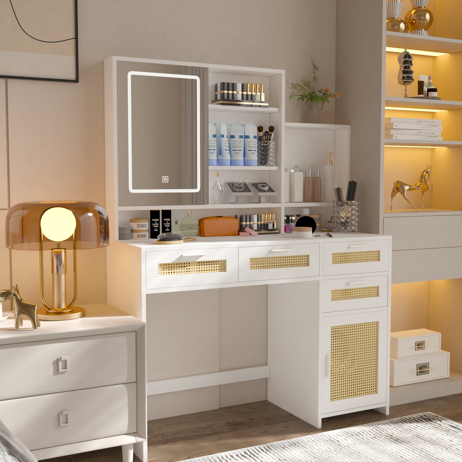 Makeup Vanity with Lights in 3 Colors, Rattan Vanity Dresser, Vanity ...