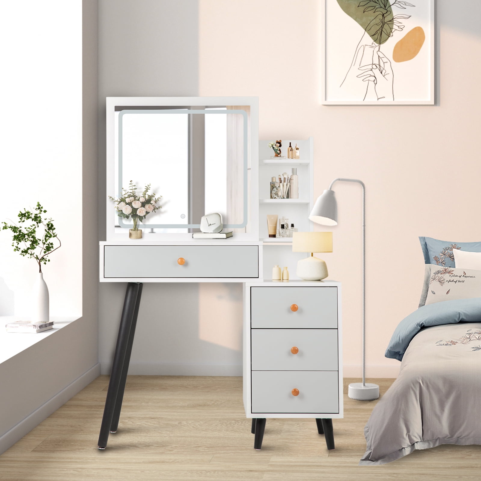 Makeup Vanity with Sliding Mirror, White Vanity Desk Table with 3 Color ...