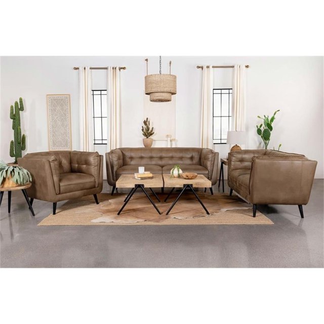 Maklaine 3-piece Faux Leather Upholstered Tufted Living Room Set Brown ...