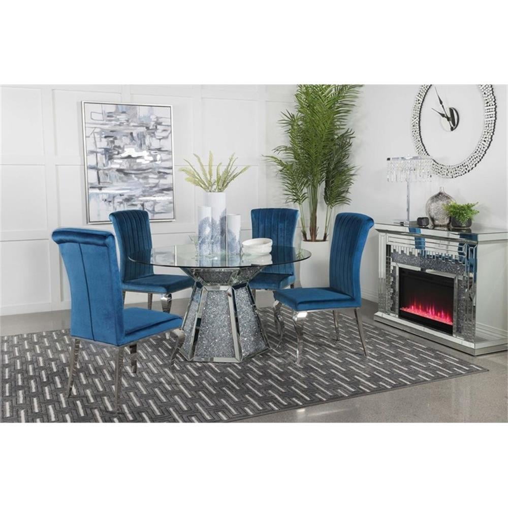 Maklaine 5-piece Glass Hexagon Pedestal Dining Room Set Mirror and Teal ...