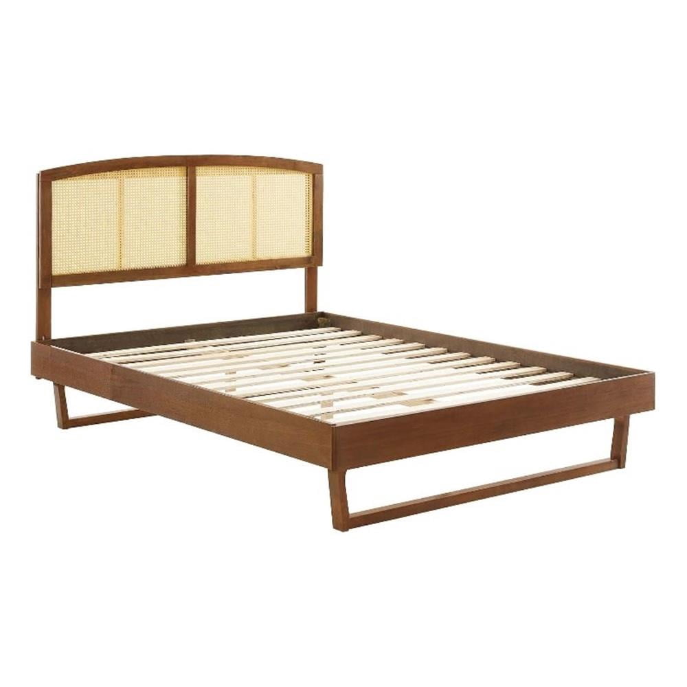 Maklaine Cane Rattan and Wood Full Platform Bed with Angular Legs in ...