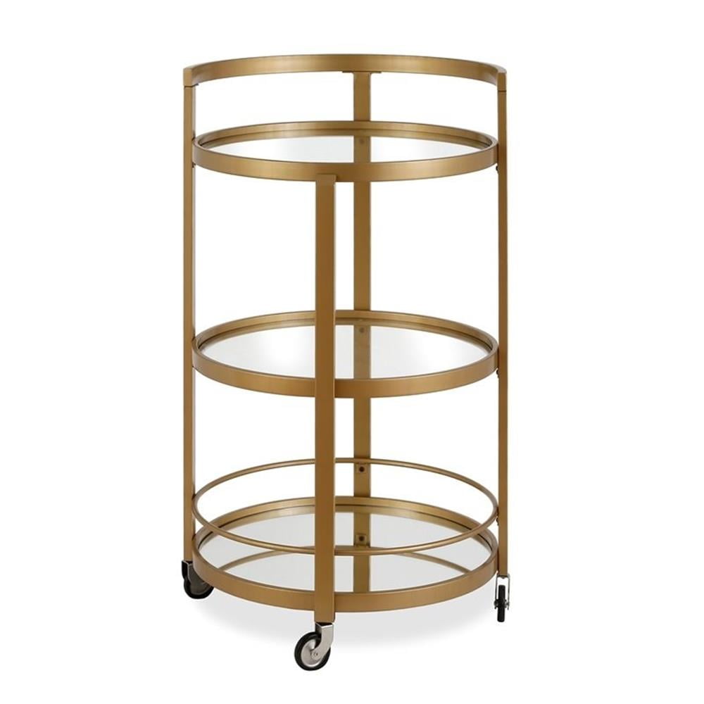 Maklaine Contemporary 21" Glam Mirrored Glass Round Bar Cart in Brass ...