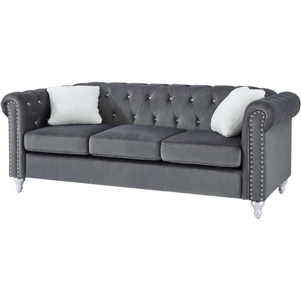 Maklaine Contemporary Jeweled Tufted Micro Suede Velvet Sofa in Gray ...