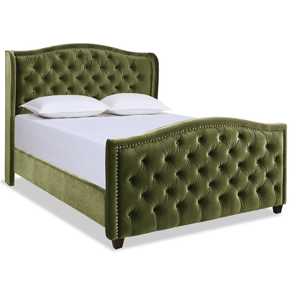 Maklaine Contemporary Tufted Wingback Queen Bed in Olive Green ...