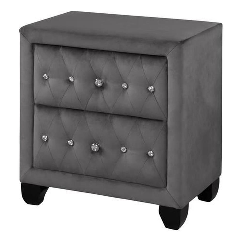 Maklaine Crystal Tufted Modern Velvet & Wood Nightstand in Gray ...