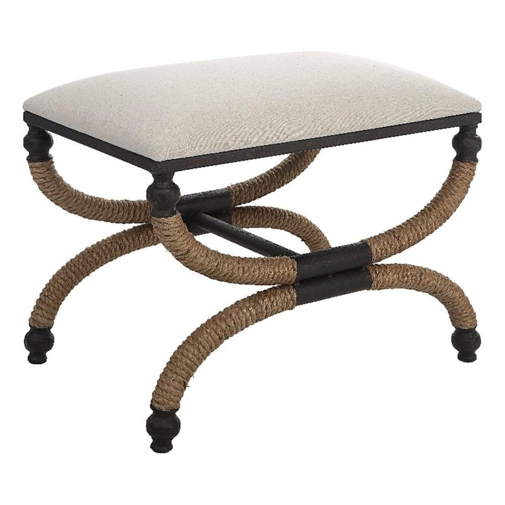 Maklaine Farmhouse MDF Iron Rope and Fabric Small Bench in Brown ...