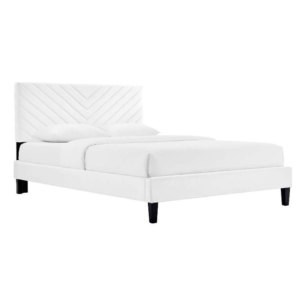 Maklaine Modern Performance Velvet Queen Platform Bed in White ...