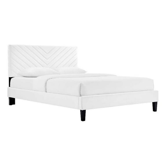 Maklaine Modern Performance Velvet Queen Platform Bed in White ...