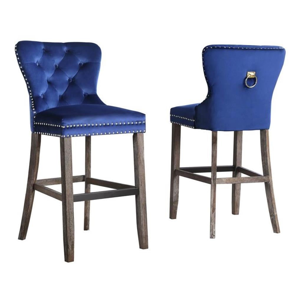 Maklaine Rustic Navy Blue Velvet Bar Stools w/ Chrome Handle & Footrest ...