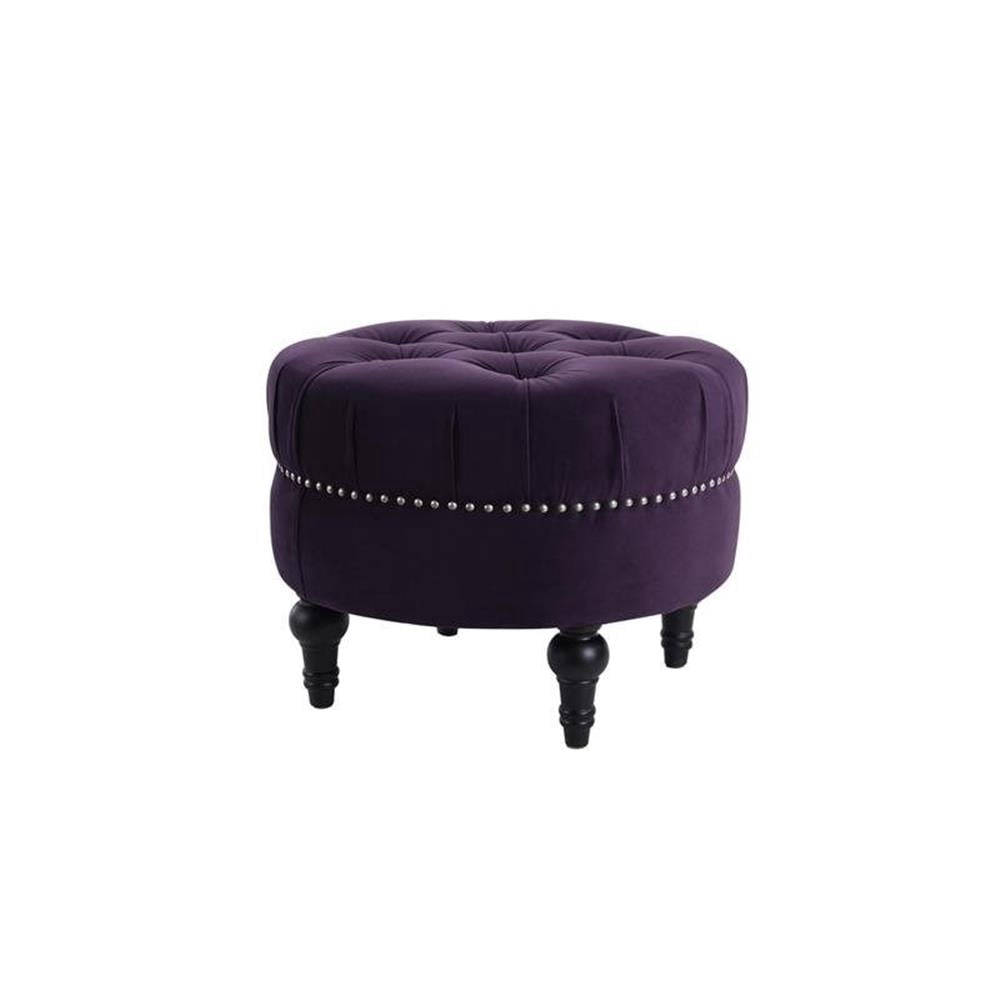 Maklaine Traditional Hardwood Tufted Round Ottoman Nailhead Accents in ...