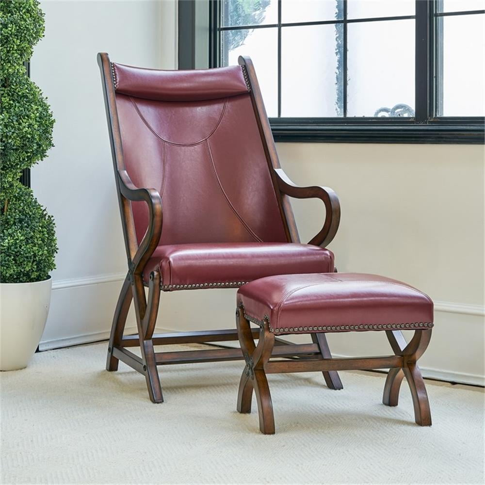 Maklaine Traditional Leather Chair & Ottoman Set in Cherry Finish ...