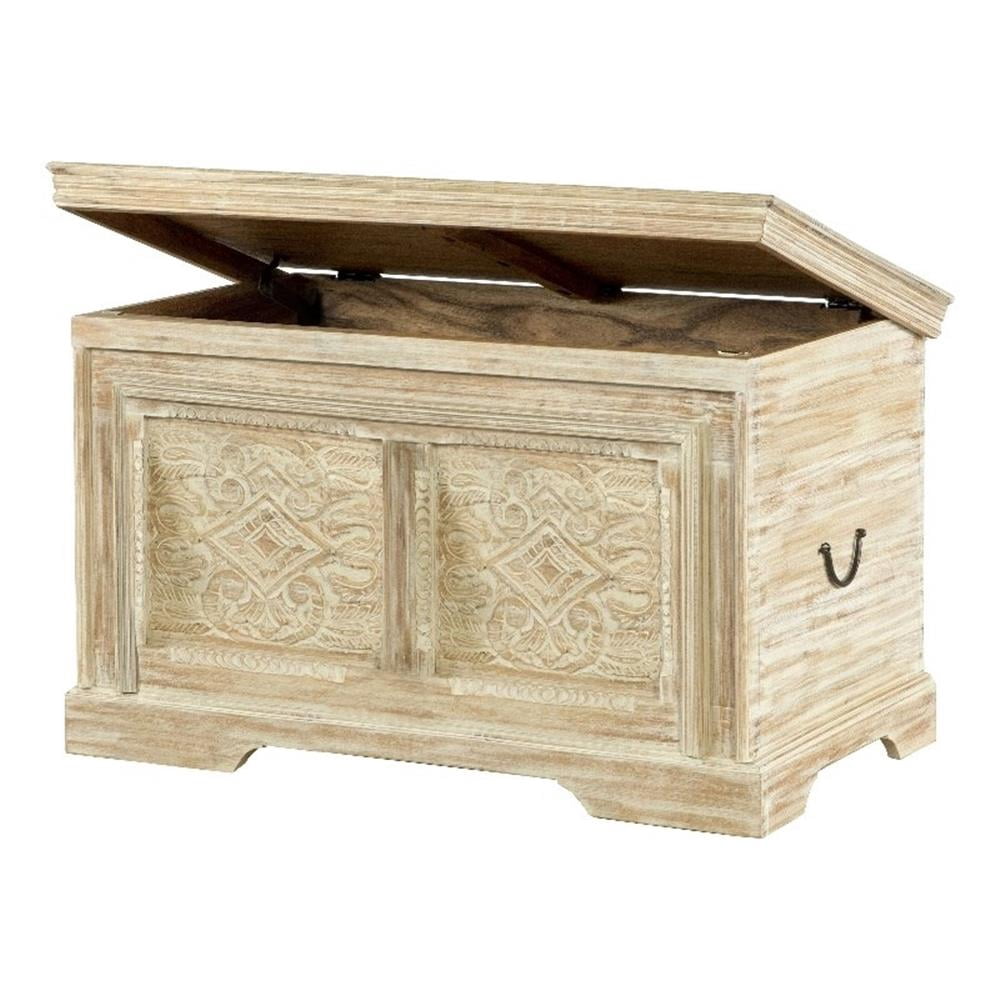 Maklaine Traditional Wood Rectangular Storage Trunk White Washed and ...