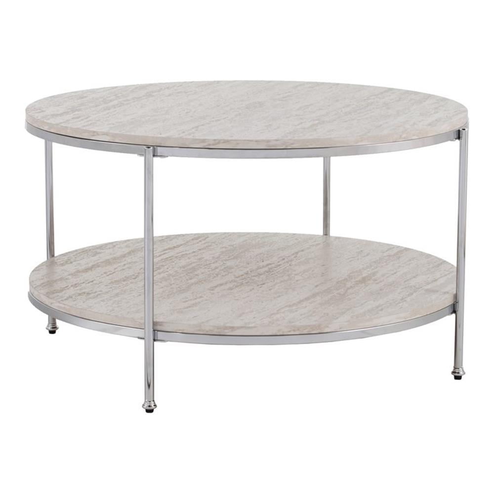 Maklaine Transitional Round Faux Travertine Stone Cocktail Table in ...